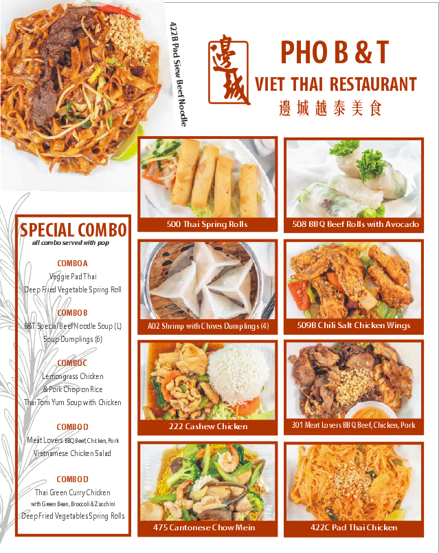 Pho B & T Viet Thai Restaurant Menu | Flavorful Thai & Vietnamese Dishes